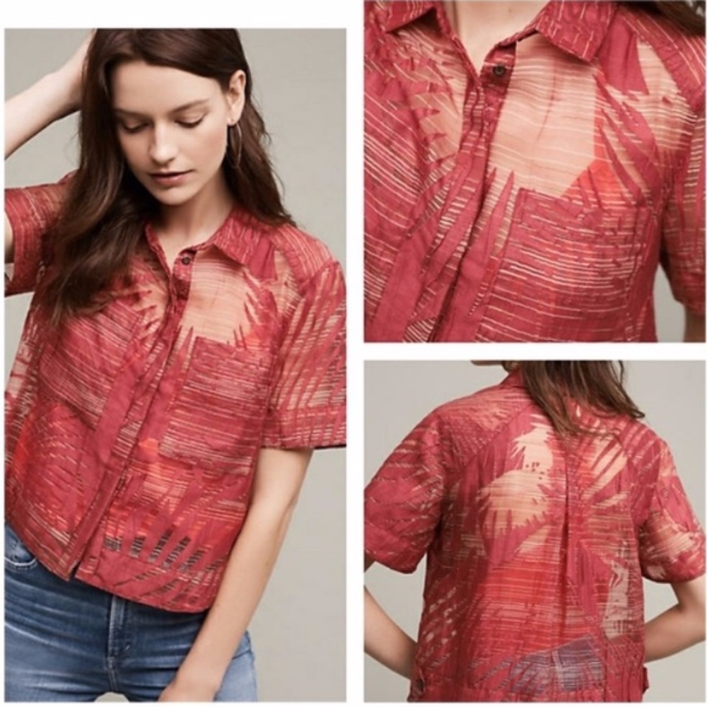 Anthropologie Maeve Red Sheer Textured Blouse - Gem